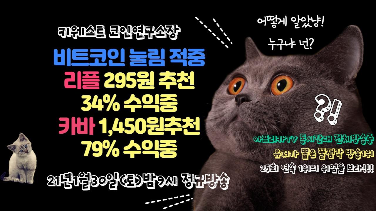 21년1월30일토밤9시 리플 295원 매수 34 수익 카바 1450원 매수 79 수익 암호화폐 비트코인 키웨스트