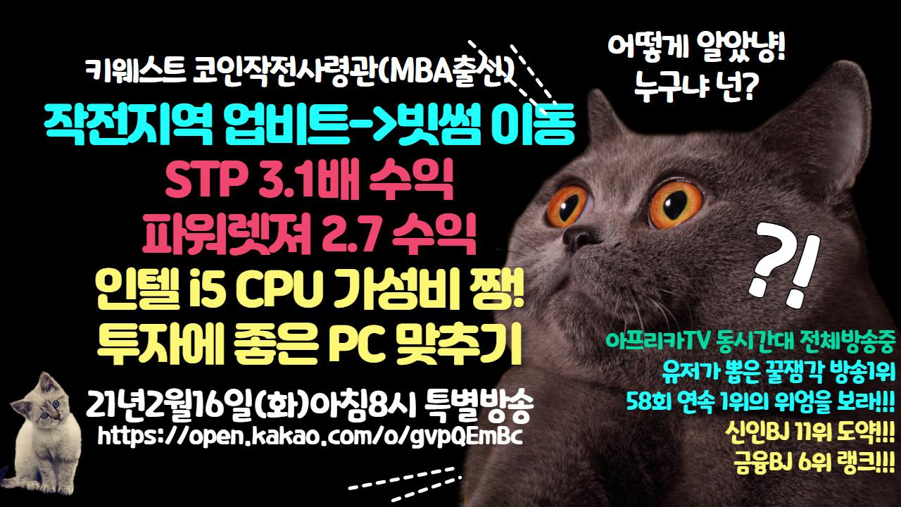 21년2월16일화아침8시 Stp 3배 파워렛져 27배 수익 암호화폐 비트코인 키웨스트 코인작전사령관 특별방송 아프리카