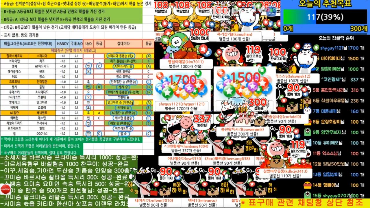 해축 45배 적중 승패라인 A B등급 6경기 싹다 적중 찹쌀의 스포츠분석해외축구전문야구배구농구 아프리카tv Vod