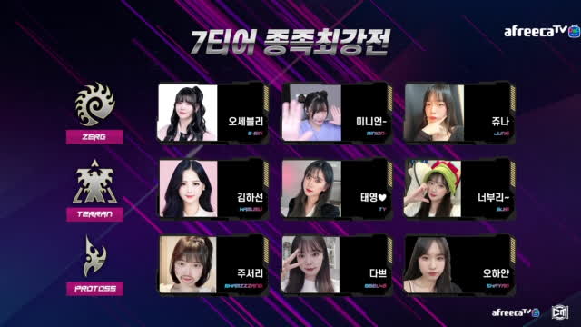 캐스터뮤즈 스타 7티어 종족최강전 오세블리 미니언 쥬나 김하선 태영 너부리 주서리 다쁘 오하얀 아프리카tv Vod