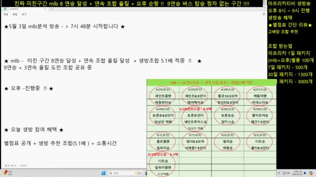 5월3일 Mlb분석 미친구간 Mlb 8연승 성공 연속 조합 올킬 생방51배적중 9연승과 3연속 올킬 도전 들어갑니다